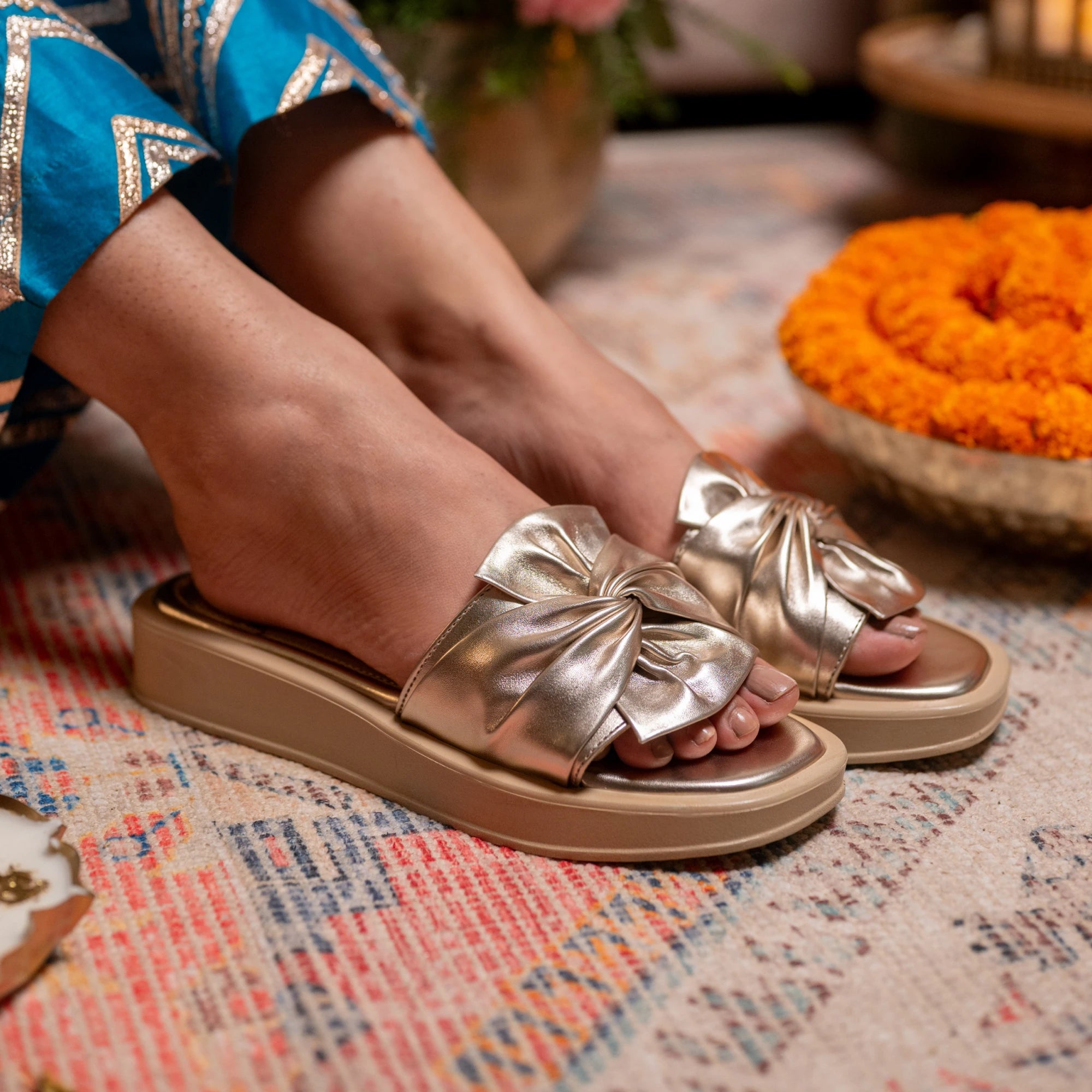 Royce Light Gold Platform Sliders | Bow Strap Elegance – Coral Haze