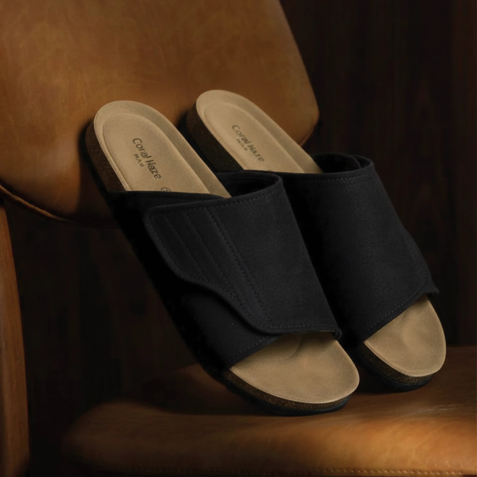 Nigel – Black slip on men sliders with suede finish overlapping straps ...